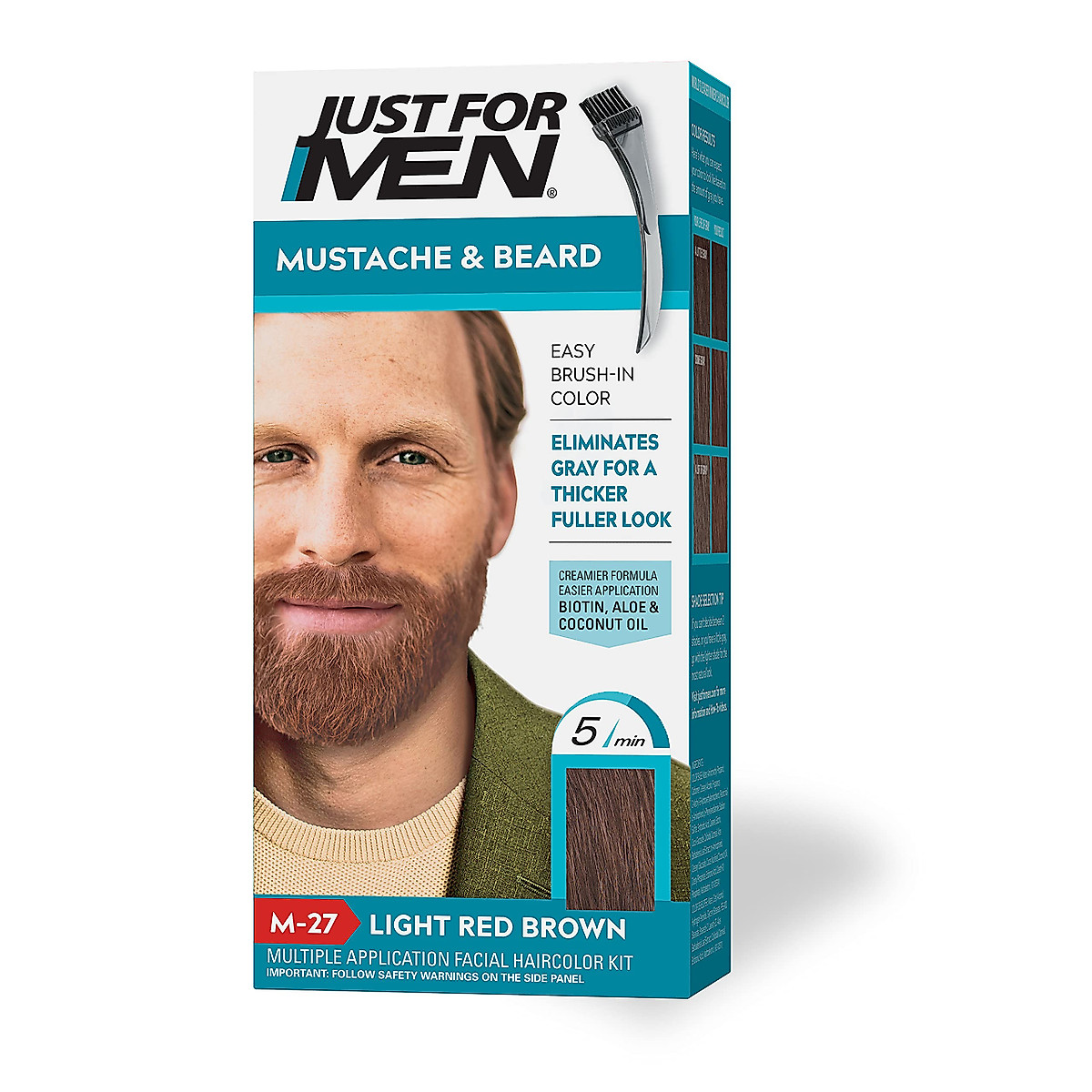 Just For Men Mustache & Beard, Beard Dye for Men with Brush Included for Easy Application, With Biotin Aloe and Coconut Oil for Healthy Facial Hair - Light Red Brown, M-27, Pack of 1