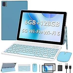 Tablet With Keyboard 2 in 1 Tablet Android Tablet 10 Inch Tablets, Include Mouse Case Stylus Tempered Film 5G Wifi Wifi6 128GB ROM+6GB RAM 10 IN IPS 8MP Camera 6000mAh Battery 10.1" FHD Android 11 Tab