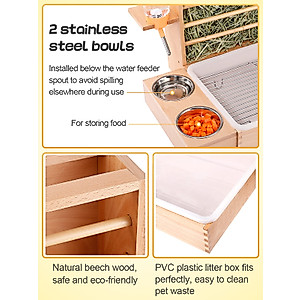 4 in 1 Rabbit Hay Feeder with Litter Box Bowls & Water Feeder, Safe Wooden Bunny Feeder Manger, Hay Holder Rack Toilet for Guinea Pig Hamster Small Animals