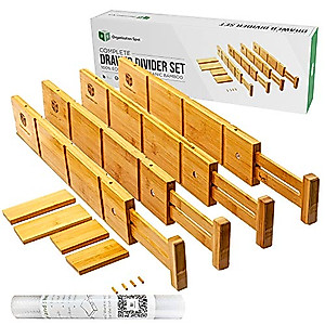 Adjustable Bamboo Drawer Dividers with Inserts and Liner -Spring Loaded Organizer-Expandable Organizers for Kitchen Utensils in Drawers for Deep Large Dresser for Clothes-Wood Draw Divider Separators