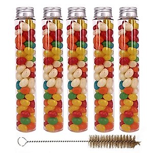 zmybcpack 15 Pack 100ml Clear Plastic Test Tubes with Screw Caps and 1 Cleaning Brush - Gumball Candy Tubes -Jelly Belly Bean Cookie Nuts Bottle Containers for Wedding Party Christmas Décor