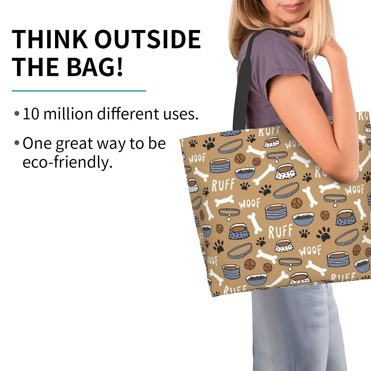 Bxuoe Cute Dog Bone Bowl Woof Paw Print Waterproof Tote Bag Women Large Capacity Shoulder Grocery Shopping Bags, One Size