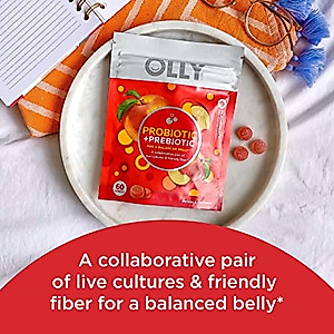 OLLY Probiotic + Prebiotic Gummy, Digestive Support and Gut Health, 500 Million CFUs, Fiber, Adult Chewable Supplement, Peach, 60 Day Supply - 60 Count Pouch