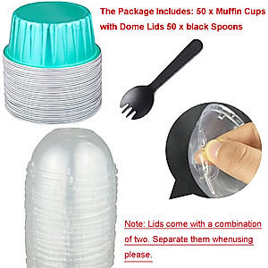 ALLRI Cupcake Liners with Dome Lids, Foil Dessert Ramekins 5oz Baking Cups Aluminum Foil, Muffin for Blue Lids Ramekin Containers Holders