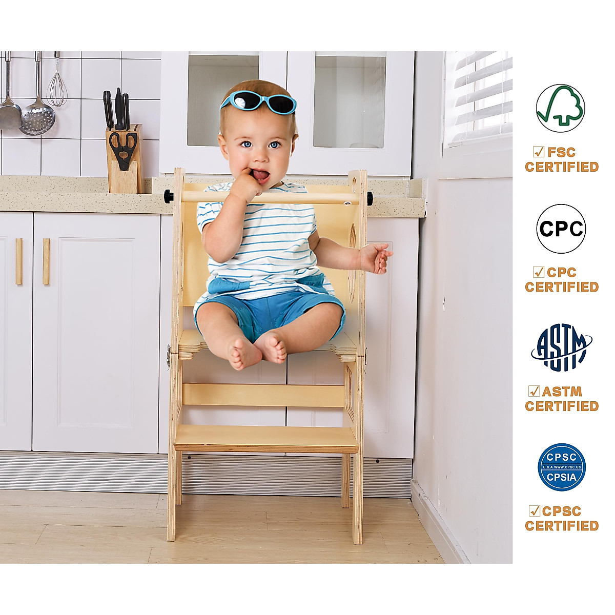 Foldable 4-in-1 Study Tower with Chalkboard for Learning, Montessori Kitchen Step Stool Toddlers Folding Stool for Kids 1-6years Ideal Helper