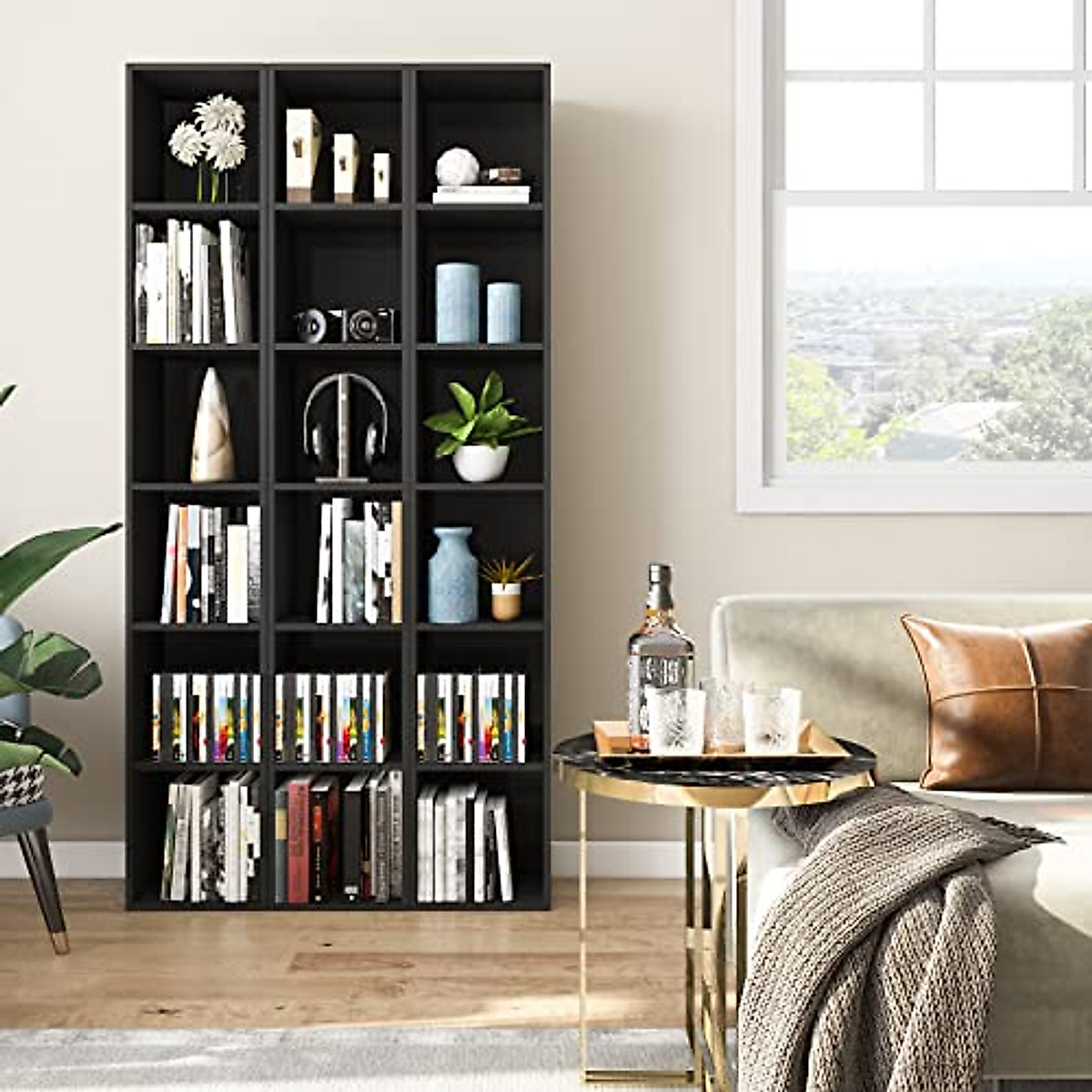 HOFFREE 6-Tier Narrow Bookcase Tall Wood Bookshelf Cabinet Cube Organizer Book Shelves Display Storage Shelves Rack for Small Spaces Home Office Living Room - Black