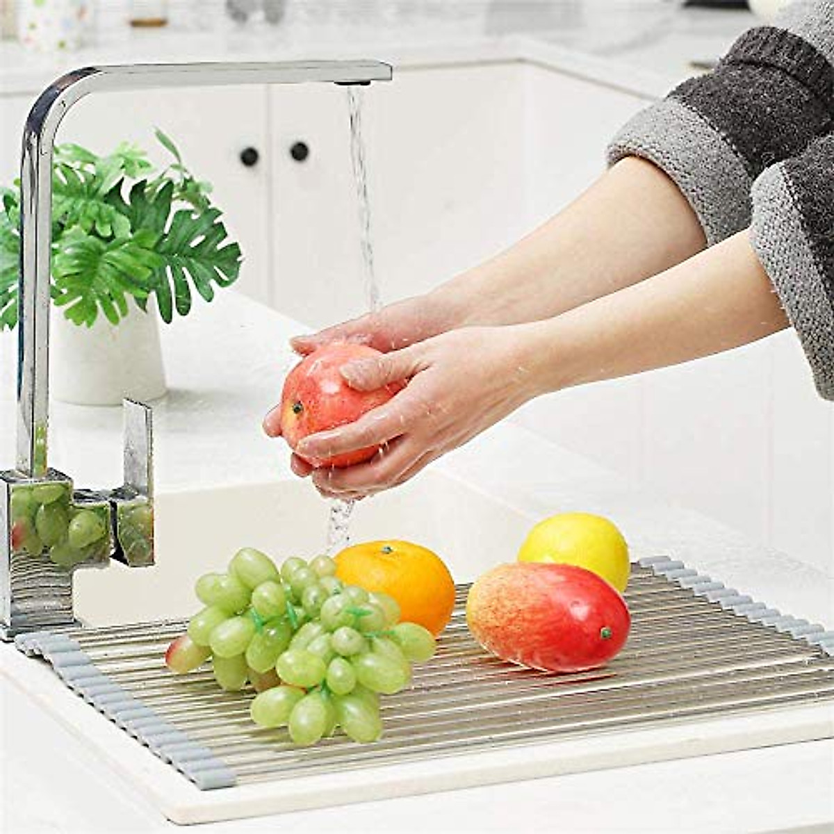 EC ELEGANTCHARM Roll Up Dish Drying Racks, Over Kitchen Sink Counter Rv Wide 17.5" x 16" Rollup Dish Rack, Foldable Stainless Steel Multipurpose Heat Resistant Rolling Dishes Drainer