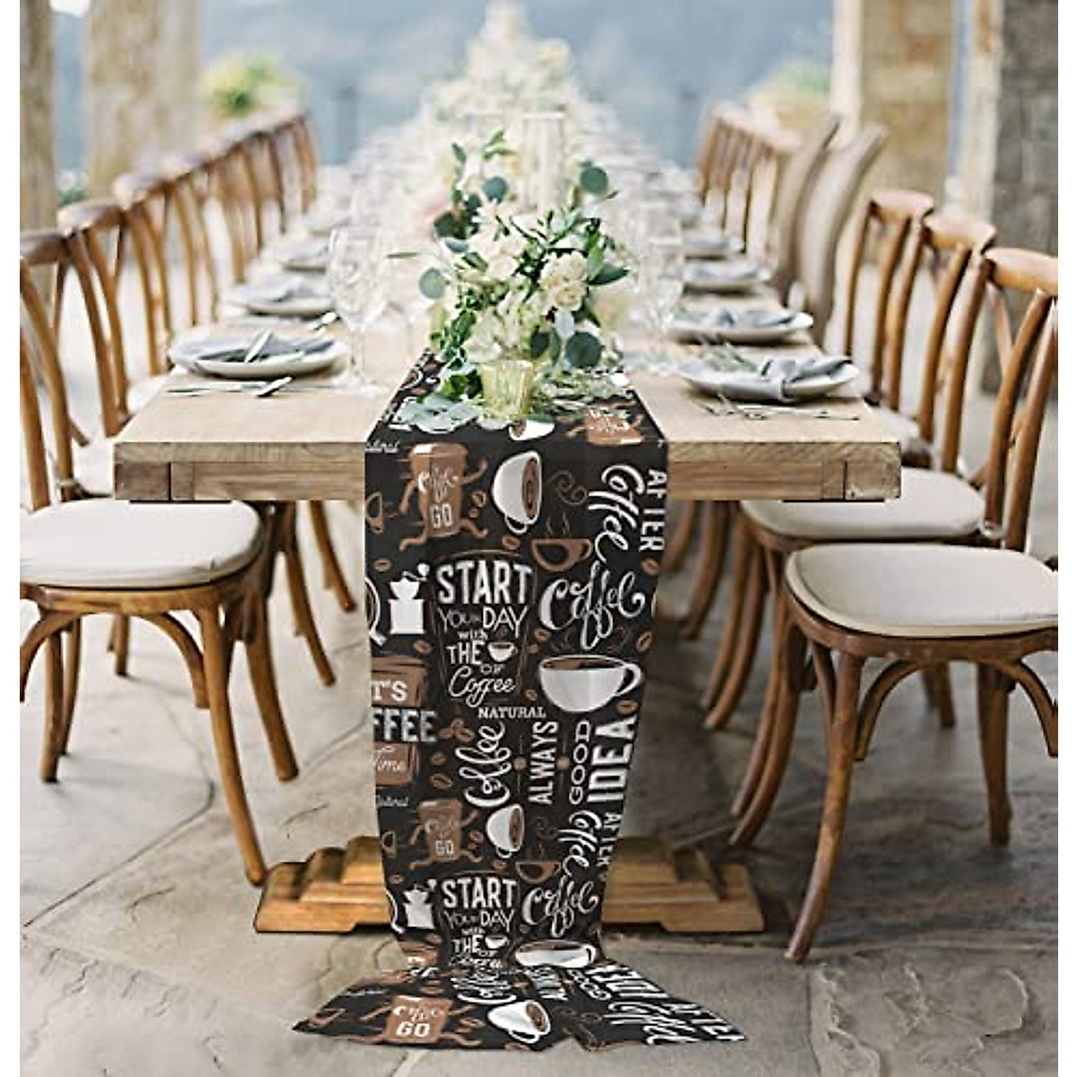 Rural Coffee Chiffon Table Runner 120 Inches Long, Shabby Chic Esppresso Beans Cup Drinking Voile Sheer Tulle Runner for Rustic Wedding Reception Bridal Shower Decorations Birthday Party