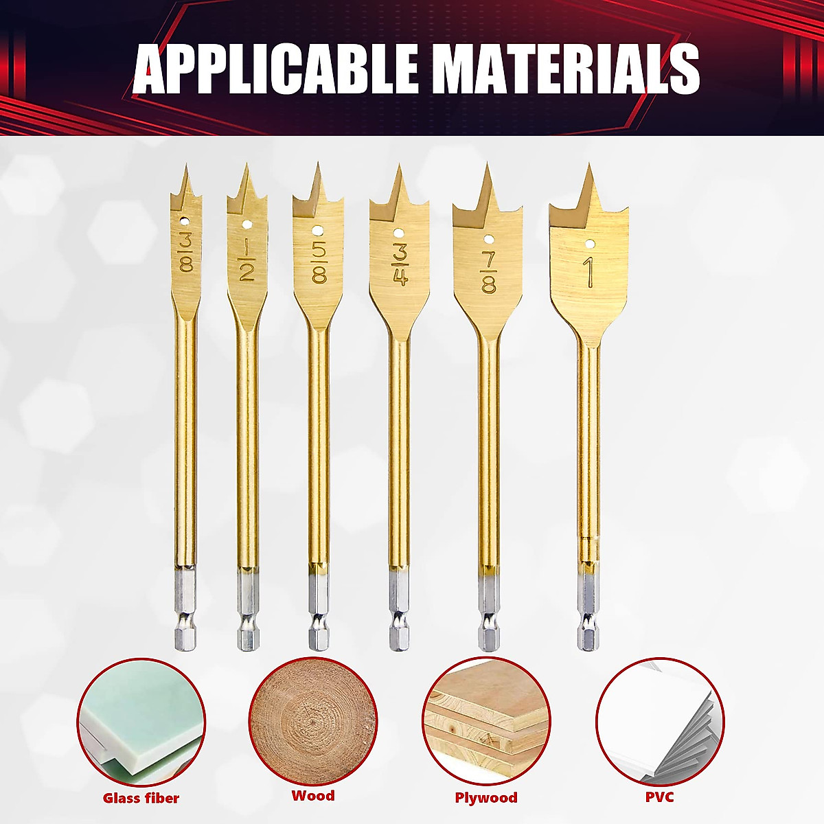 wesleydrill 6PCS Spade Drill Bit Set Paddle Flat Bits 3/8"-1" Flat Wood Hole Cutter Fit for Most Types of Wood as Well as Fiberglass