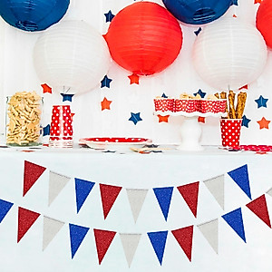 XIANMU Patriotic Pennant Banner Red Blue Silver/White Triangle Flag Bunting Banner Patriotic Decorations Glitter Paper Garlands for 4th of July Independence Day Party Decorations Supplies 40 Feet