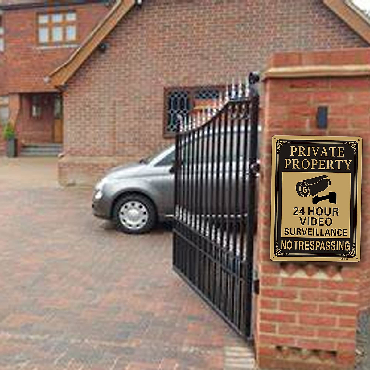 Amexiu Private Property No Trespassing 24 Hours CCTV Camera Video Surveillance Warning Sign | 10" x 7" Rust Free Aluminum Easy Mounting Fade Resistance, 2 Pack