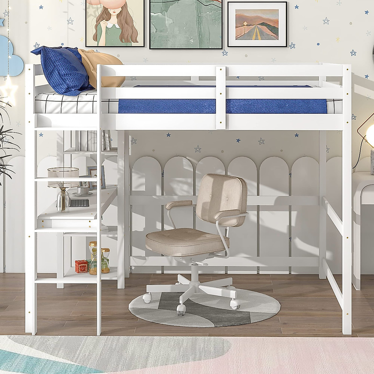 HZHOME Full Loft Bed with Desk and Shelves,White