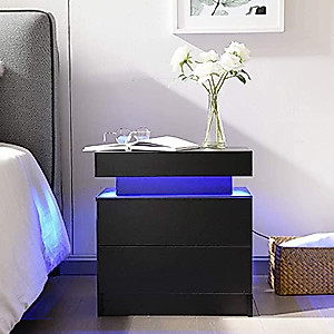 Melon Studio LED Nightstand with Drawers - Stylish Smart Bedside Table with 2 Drawers for Bedroom, Home - Mesa De Noche para Dormitorio - Wooden Nightstand Light RGB with Remote Control - Black