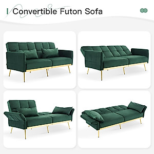 DIFY 70'' Velvet Futon Sofa Bed, Convertible Sleeper Sofa Tufted Couch with Adjustable Armrests and Backrest, Modern Loveseat Sleeper Bed with 2 Bolster Pillows for Living Room, Green