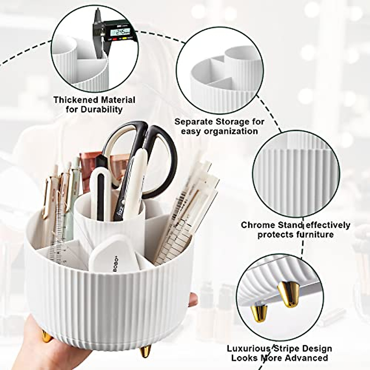Diesisa Makeup Brush Holder Organizer,360° Rotating Makeup Brush Organizer,5 Slot Make up Brushes Cup for Cosmetics, Nail Polish, Art Supply, Bathroom Vanity Desktop Organizer - White