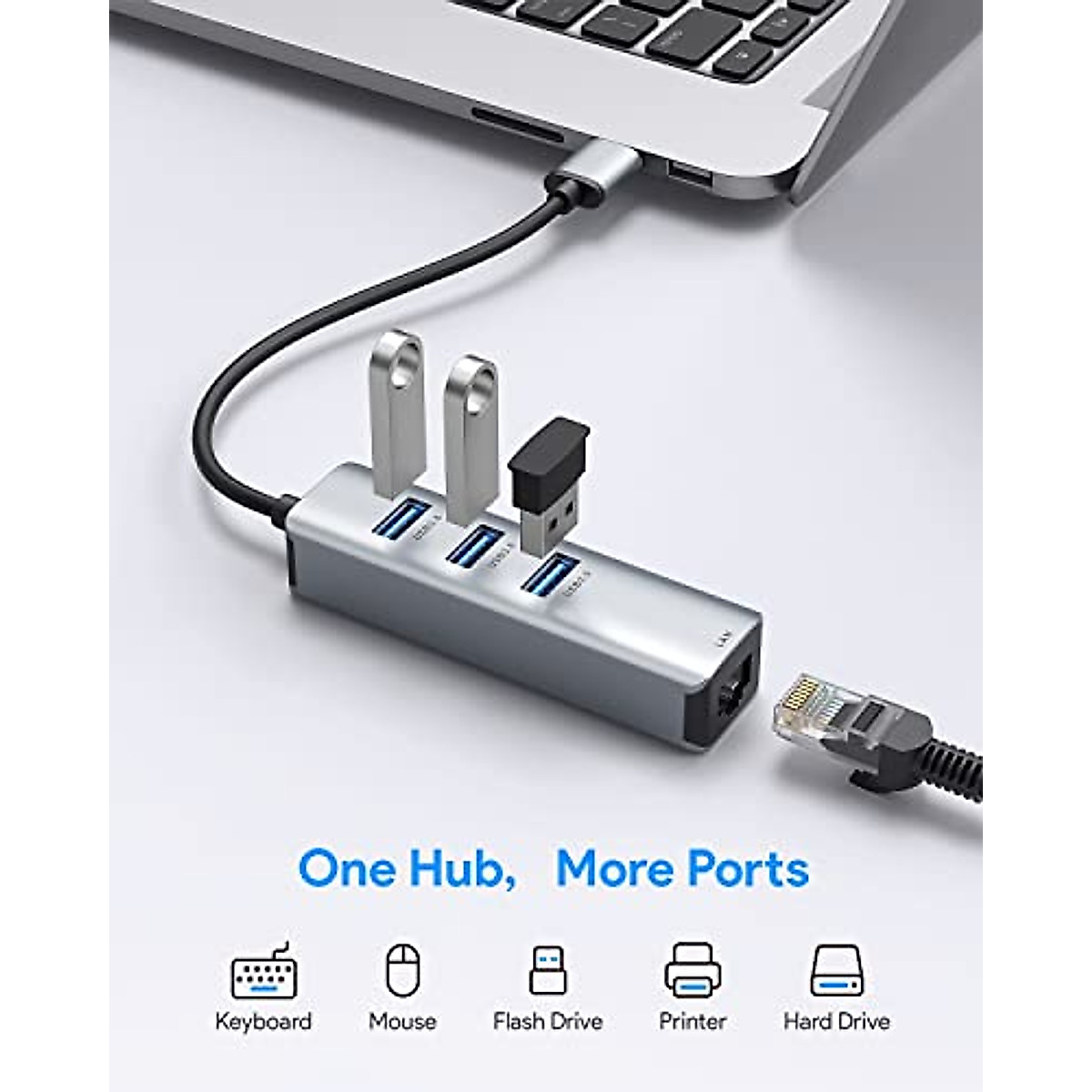 USB 3.0 to Ethernet Adapter,ABLEWE 3-Port USB 3.0 Hub with RJ45 10/100/1000 Gigabit Ethernet Adapter Support Windows 10,8.1,Mac OS, Surface Pro,Linux,Chromebook and More
