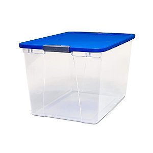 HOMZ X Large 64 Quart Clear Plastic Storage Container with Lid, Snaplock Blue Lid and Grey Latches, 3 Pack