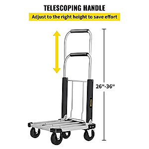 VEVOR Folding Platform Truck, Portable Hand Truck Adjustable Length, Aluminum Push Cart Telescoping Handle with 4 Wheels 330LBS Capacity for Luggage Travel Shopping