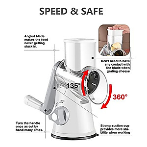 Ancevsk Rotary Cheese Grater Shredder with Strong Suction Base, Kitchen Speed Hand Crank Vegetable Slicer, Potato Hash Brown Shredder Nut Grinder with 3 Replaceable Stainless Steel Drum Blades (White)