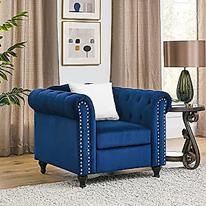 Melpomene 3 Pieces Blue Velvet Living Room Sofa Set Including 3-Seater Sofa Loveseat and Sofa Chair, with Button Tufted Nailhead and 5 White Villose Cushions (1+2+3 seat)