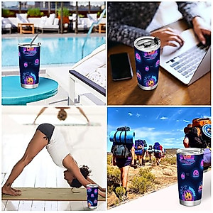 sanluoli Summer Neon Coconut Tree Sunset Stainless Steel cup with straw with Straw Lid coffee mug insulated for camping modern vacuum insulated tumbler with lid 20 OZ