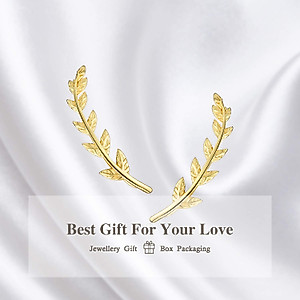 ✦Mothers Day Gifts✦ S925 Sterling Silver 14K Gold Plated Crawler Cuff Leaf Stud Earrings Climber Hoop Jacket Earrings for Women Hypoallergenic with Box Packing (gold-2)