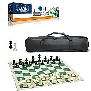 WE Games Complete Tournament Chess Set – Plastic Chess Pieces with Green Roll-up Chess Board and Travel Canvas Bag