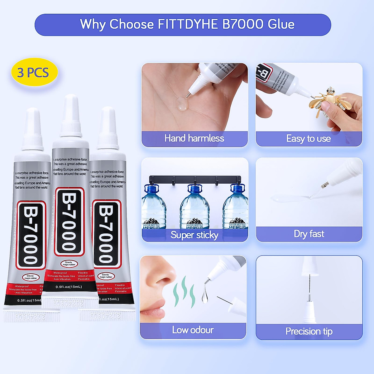 3PCS B7000 Jewelry Glue for Jewelry Making, FITTDYHE 15ML/0.5fl oz Clear Glue DIY Craft Glue Rhinestones Glue, Waterproof Stong Bond Adhesive Glue for Phone Repair Nail Art Shoes Fabric Metal Glass