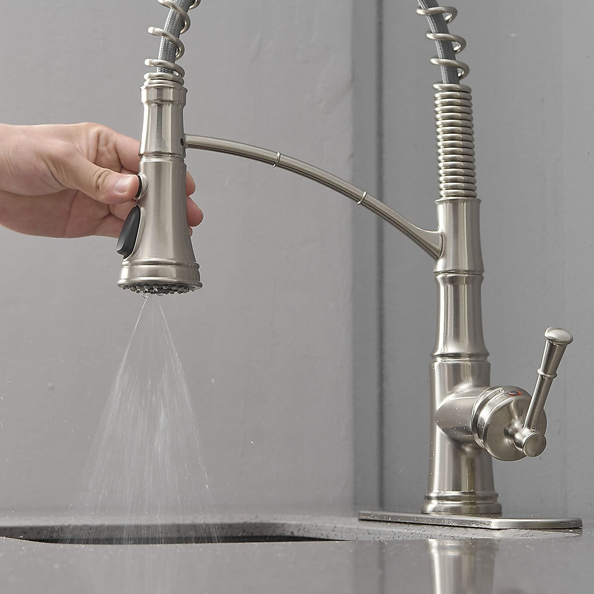 Bathfinesse Kitchen Sink Faucet Brushed Nickel with Pull Down Sprayer 3 Mode Commercial Faucet for Kitchen Sink Solid Brass Single Handle High Arc Pull Out RV Bar,Deck Plate Include