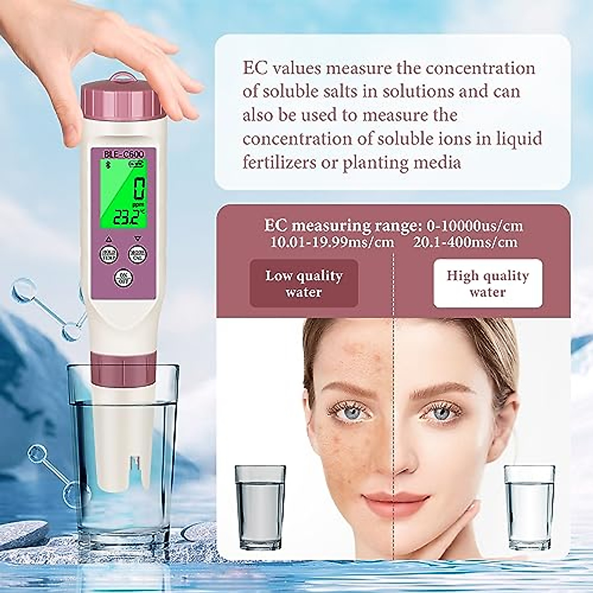 PH Meter Smart Bluetooth Water Tester,7-in-1 Tds Meter/Salinity Tester/pH Meter/EC Meter/Orp Meter/S.G Meter/Temp ph Tester,PH Meter for Water 0.01pH Resolution High Accuracy tds Meter with ATC.