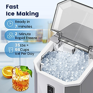 FREE VILLAGE Nugget Ice Maker Countertop, Pebble with Soft Chewy Pellet Ice, 11,000pcs/35Lbs/Day, Self-Cleaning, One-Click Operation, Portable Machine for Home Kitchen Bar Party, Grey
