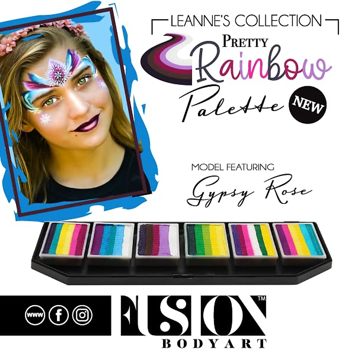 Fusion Body Art Pro Quality Professional Face Painting Palette - Leanne's Pretty Rainbow | Hypoallergenic Safe & Non-Toxic - Perfect for Full Face Designs and Cheek Art | US FDA and EU compliant