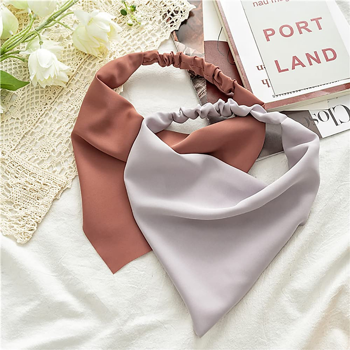 DINPREY Elastic Hair Scarf Headband for Women Bandana Headbands for Women Chiffon Head Kerchief Boho Scarf Bandanas with Hair (8 Colors Solid A)