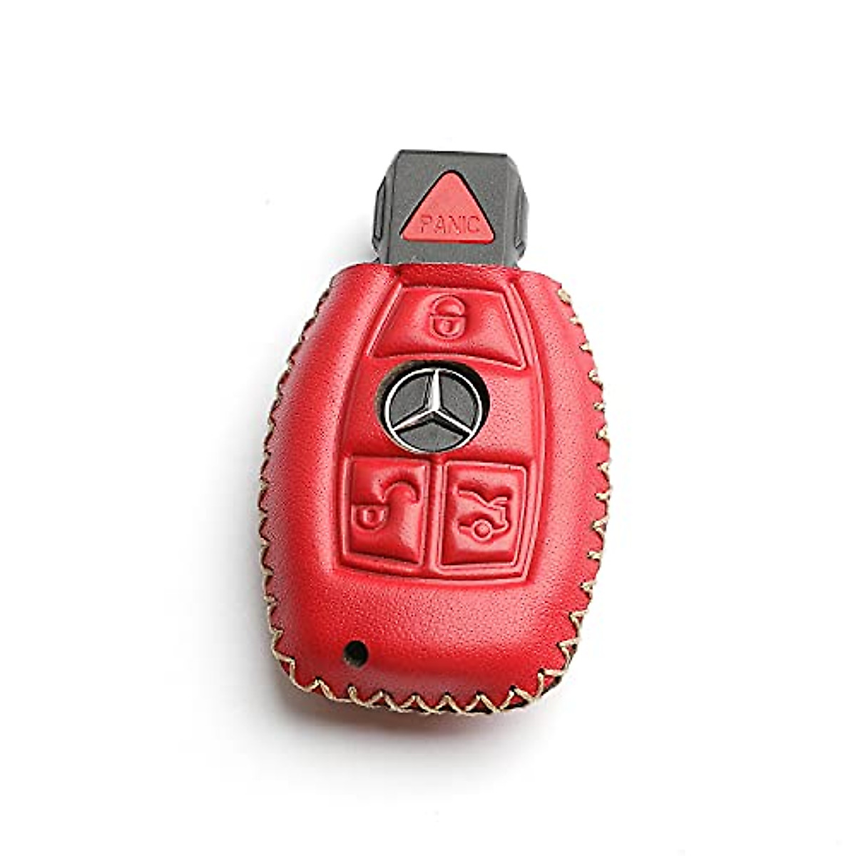 WFMJ Leather for Mercedes Benz C E M S CLS CLK GLK GLC G Class Remote 3 4 Buttons Key Fob Case Cover Keychain Chain (Red)