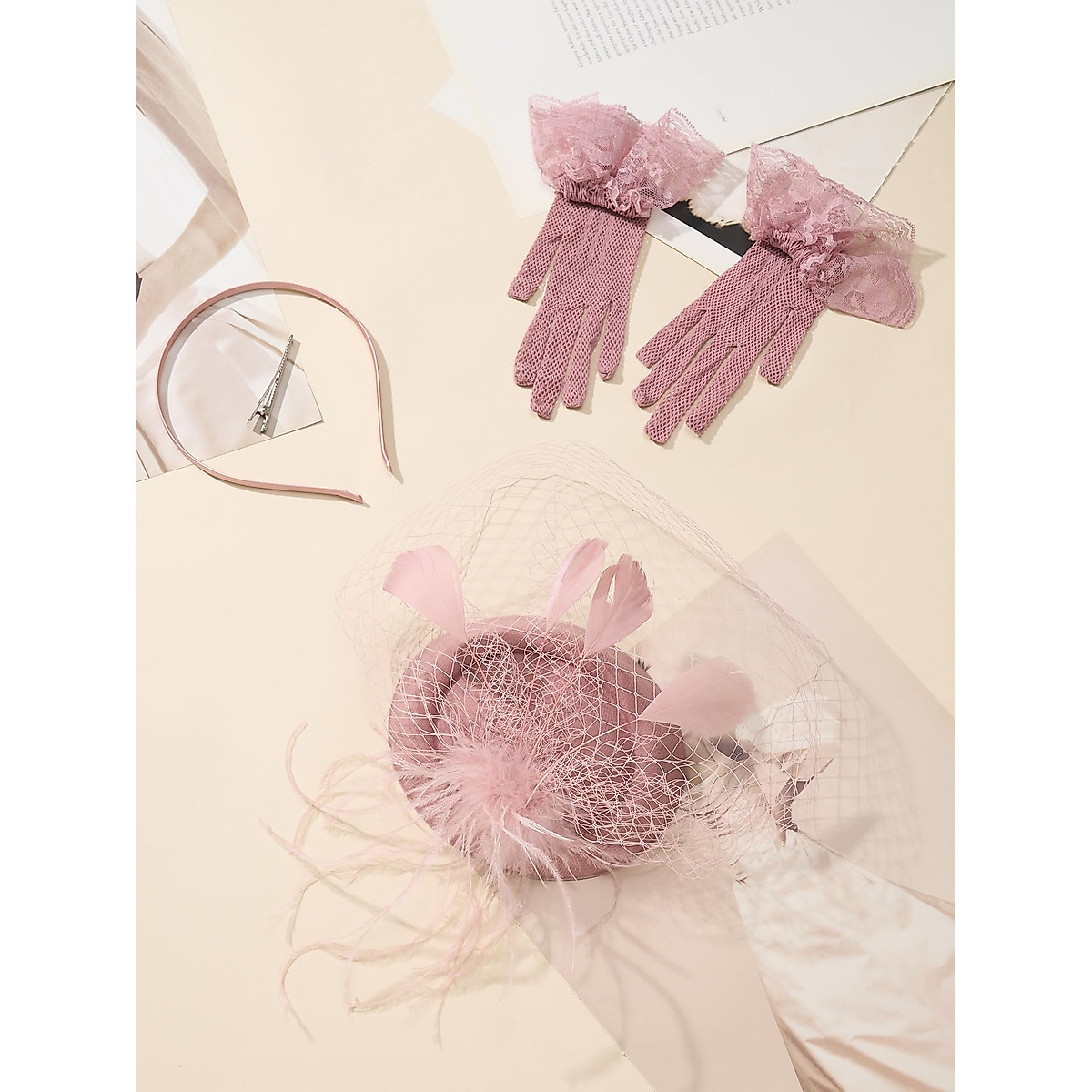 SWEETV Fascinators Pillbox Hats for Women, Tea Party Hat and Short Lace Gloves Set for Kentucky Derby, Cocktail, Wedding, Fancy Dress Party, Dusty Pink