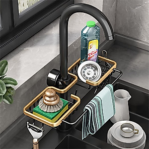 Swovo Dish Sponge Holder, Aluminum Dish Towel Organizer with Dish Towels Drying Rack and Hooks for 0.7"-1.1" Diameter Kitchen Sink Faucets (Black+Gold)