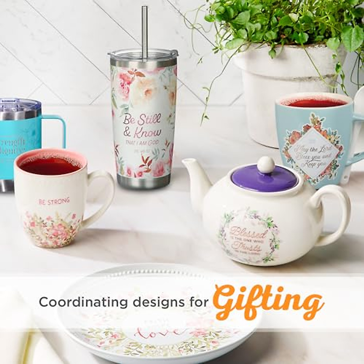 Christian Art Gifts Reusable Stainless Steel Scripture Travel Mug Tumbler w/Straw for Women: Be Still & Know, Double Wall Vacuum Insulated, Pop-up Lid, Hot/Cold, White & Peach Multicolor Floral, 18 oz