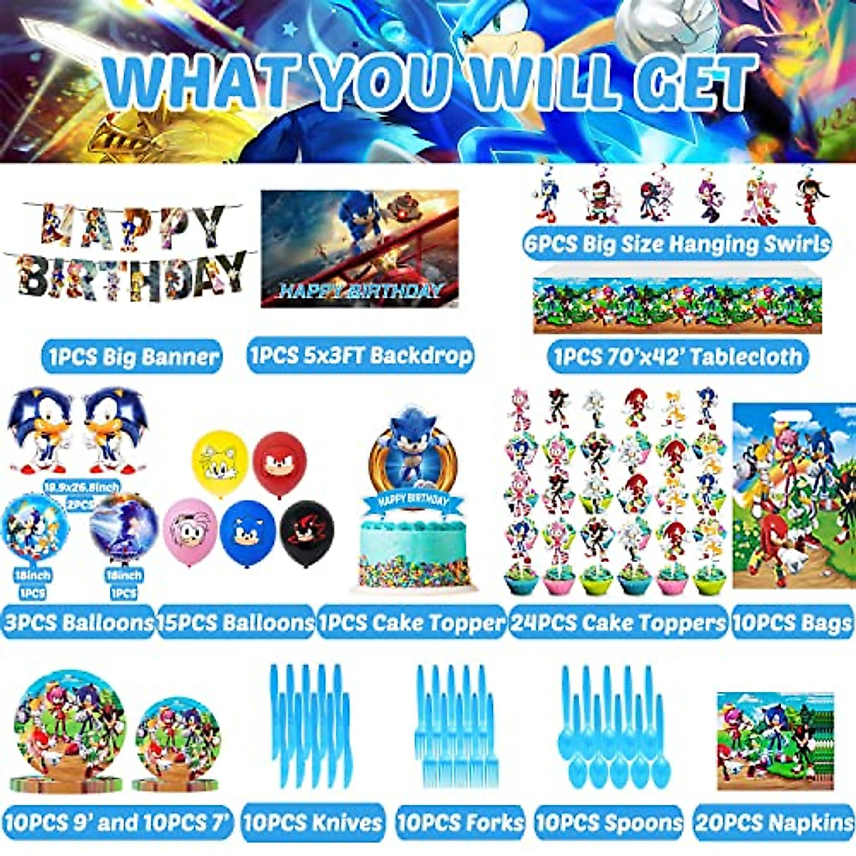 Sonic Birthday Party Supplies, Birthday Party Decorations Including Banners, Foil Balloons, Latex Balloons, Cake Toppers, Plates, Tableware, Backdrop and Tablecloth
