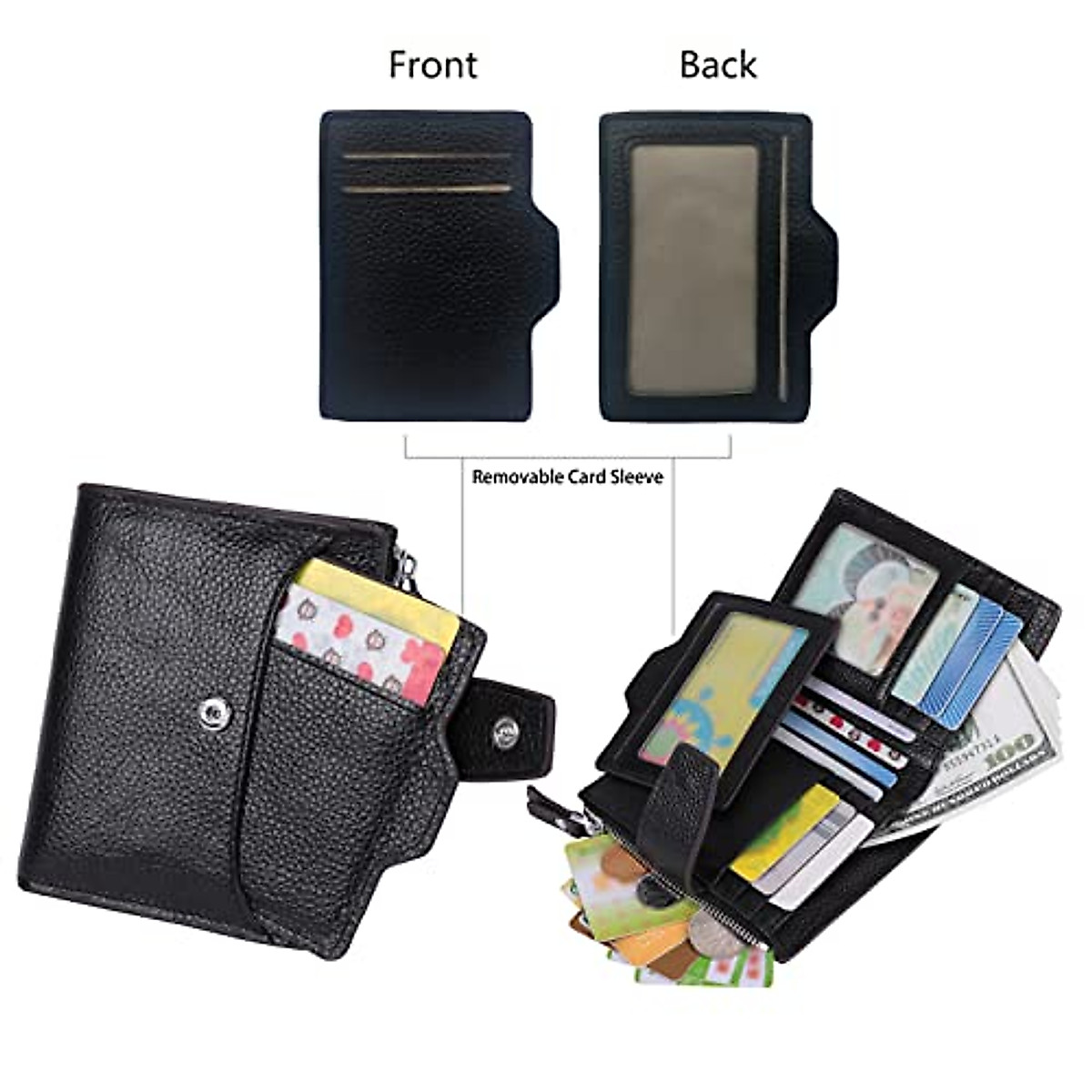 AINIMOER Women's RFID Blocking Leather Small Compact Bi-fold Zipper Pocket Wallet Card Case Purse with id Window (Lichee Black)