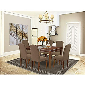 East West Furniture Dudley 7 Piece Set Consist of a Rectangle Dining Room Table and 6 Dark Coffee Linen Fabric Upholstered Parson Chairs, 36x60 Inch, Mahogany