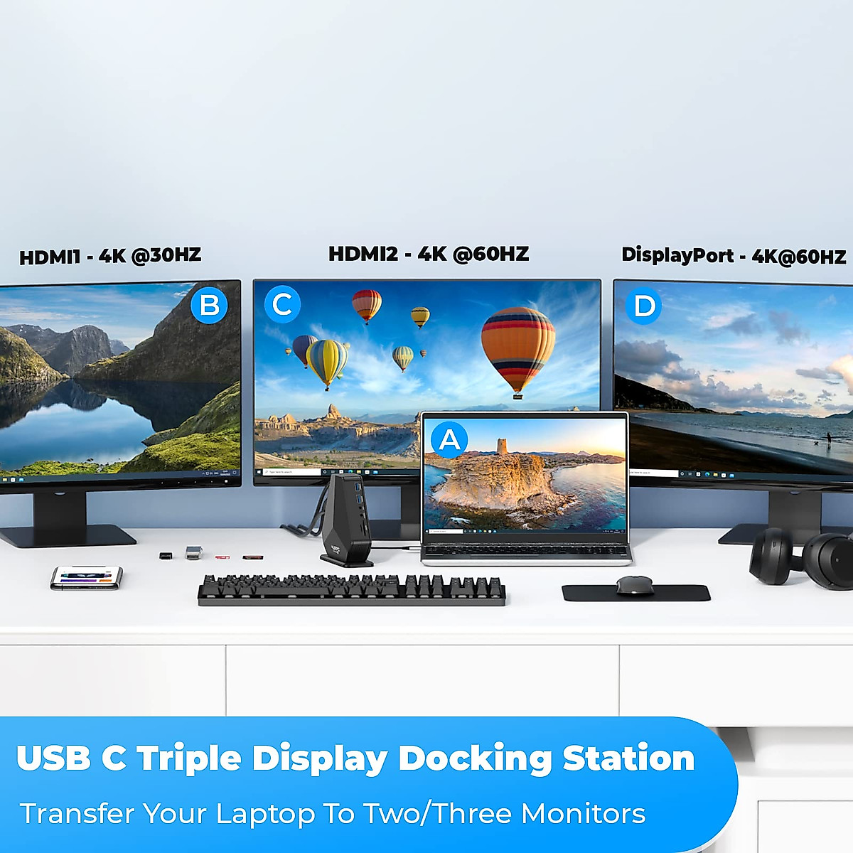 DisplayLink Docking Station 3 Monitors with 65W Power Supply, 4URPC Triple 4K Display Docking Station for MacBook Pro/Air, Dell HP Lenovo Surface Acer, with 2 HDMI, DP, 6 USB, Gigabit Ethernet, SD/TF