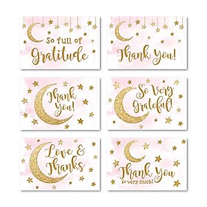 24 Pink Stars Baby Shower Thank You Cards With Envelopes, Kids Thank-You Note, 4x6 Gratitude Card Gift For Guest Pack For Party, Birthday, For Girls Children, Cute Angel Twinkle Moon Event Stationery
