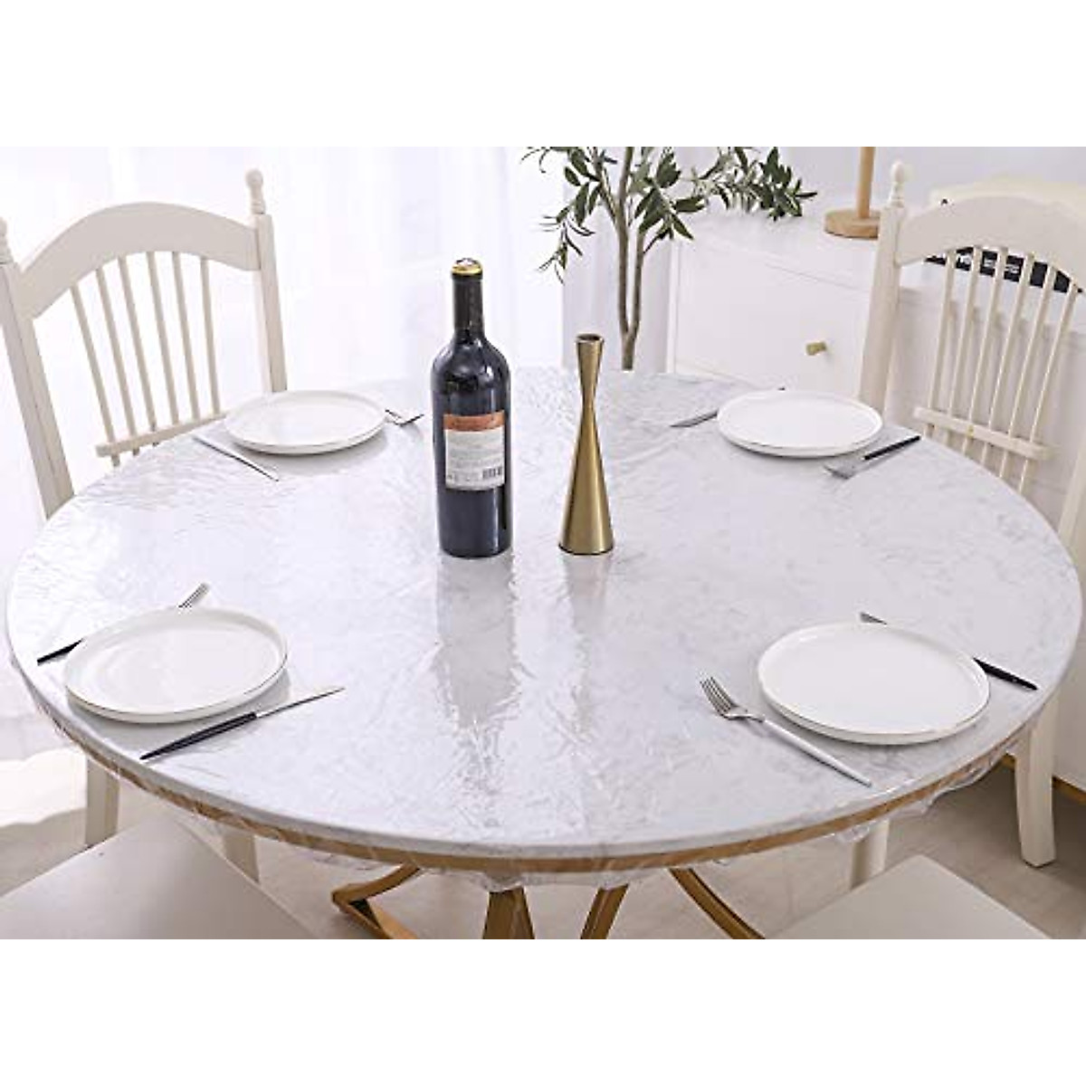 Clear Round Vinyl Fitted Tablecloth Waterproof Oilcloth Heavy Duty Elasticized Table Cover Elastic Edge Design Plastic Tablecloth Protector For Round Table (Large Round Fits Table up 45"-56" Diameter)