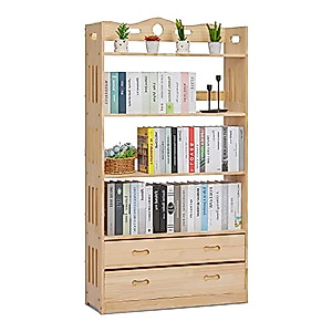 MoNiBloom 4 Tier Bookcase with Open Shelves and 2 Drawers, Solid Wood Large Storage Organizer Book Shelf Cabinet Display Organizer for Kids Room Living Room Bedroom, Natural