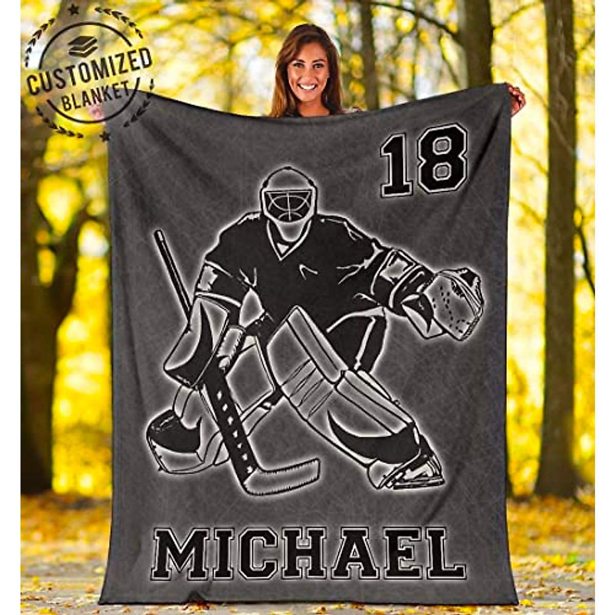 OhaPrints Custom Dark Grey Hockey Blanket Hockey Boy Player Personalized Name Number Soft Sherpa Throw Blankets Cozy Fuzzy Fleece Throws for Tv Sofa Couch Comfy Fluffy Blanket 30X40 50X60 60X80