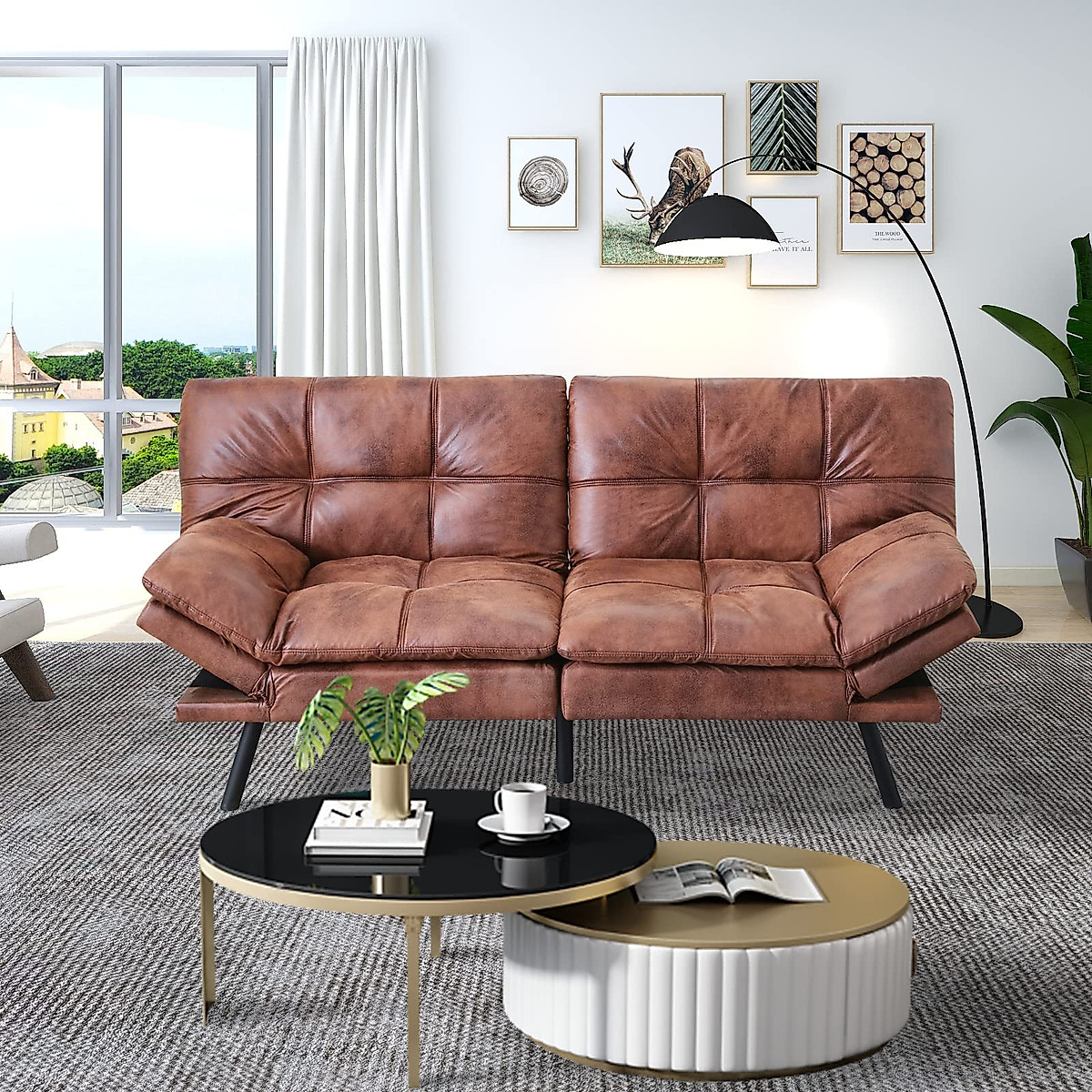Maxspeed Sofa Bed Couch, Memory Foam Futon Sofa Bed with Mattress and Frame Included,Comfortable Brown Faxu Leather Loveseat Sleeper Sofa for Dorm Apartment Office College Small Space Bedroom