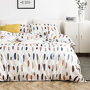 YuHeGuoJi Feather Patterned Duvet Cover King 100% Cotton White Bohemian Duvet Cover 3 Pcs Set 1 Brown Bird Plume Duvet Cover with Zipper Ties 2 Pillowcases Vintage Bohemian Animal Print Bedding Soft