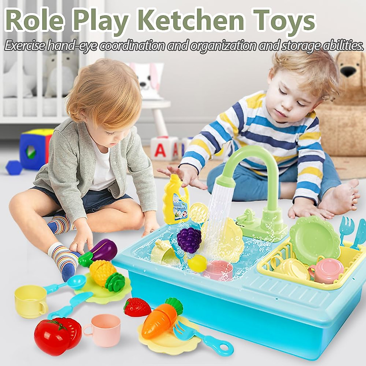 XINGYING Play Sink with Running Water, Kitchen Sink Toys for Toddlers w/Automatic Water Cycle System, Dish Rack, Cutting Food, Utensils Tableware Accessories, Kids Sink Pretend Play for Boy Girls