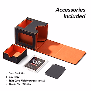 Mage Tech Card Deck Box for MTG Commander - Patented Design, Commander Display, Fits 100 Double-Sleeved Cards, 35pt Card Brick & Dice Tray - Grey/Orange