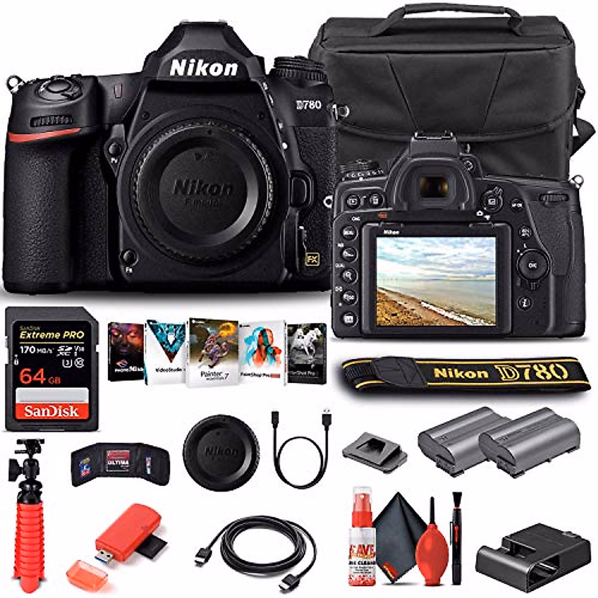 Nikon D780 DSLR Camera (Body Only) (1618) + 64GB Memory Card + Case + Corel Photo Software + EN-EL 15 Battery + HDMI Cable + Deluxe Cleaning Set + Flex Tripod + More (International Model) (Renewed)